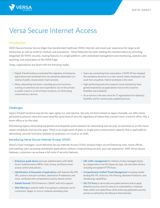 Versa Secure Internet Access Solution (VSIA)